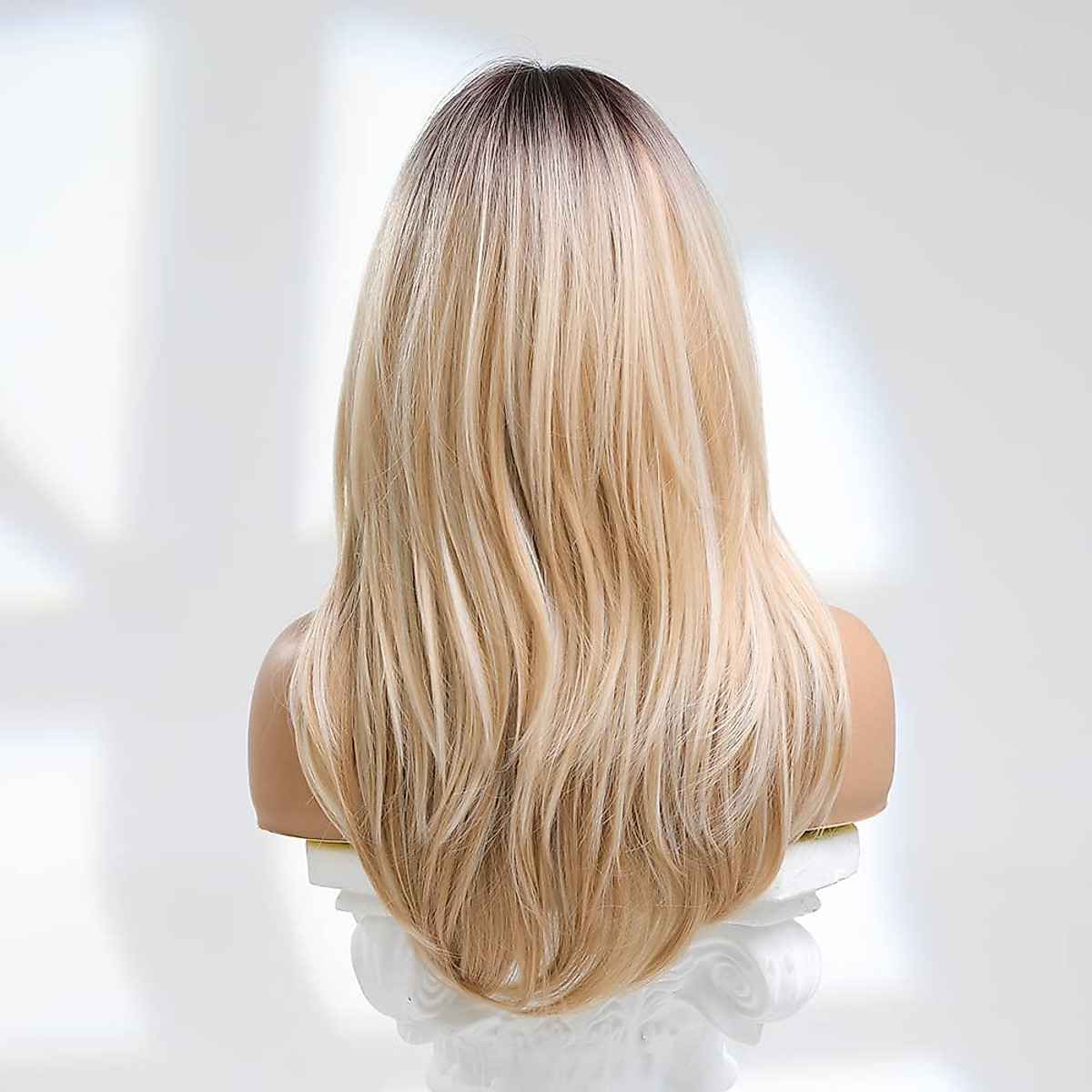 Long Blonde Wig with Bangs Layered Synthetic Hair Wig with Dark Roots for Women (22 Inch)