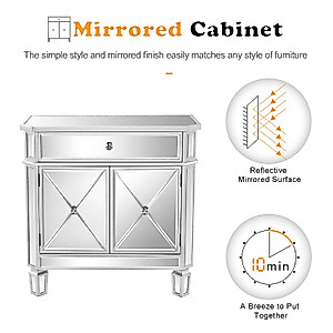 VINGLI Mirrored Cabinet, Mirrored Nightstand, Mirrored Dresser Accent Chest, Large Mirror Nightstand with 1 Drawer and Two Doors, 27.5”W x 13.4”D x 27.5”H, Mirror