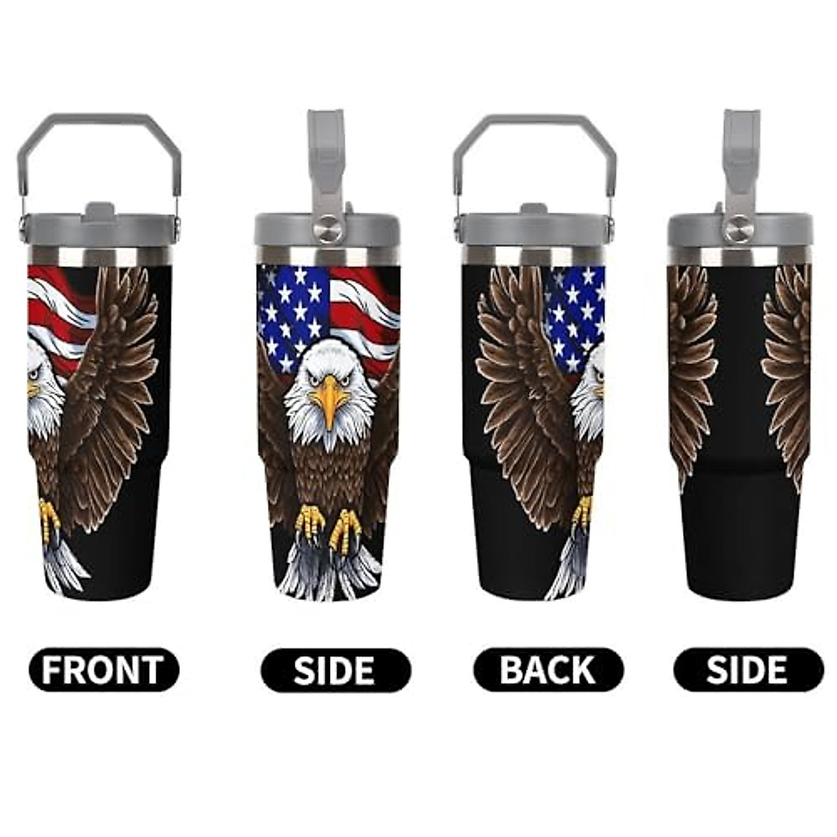 30oz Stainless Steel Insulated Tumbler with Flip Lid & Straw, Leakproof Travel Mug for Car, USA Flag Patriotic Eagle Double Wall Vacuum Thermal Coffee Cup with Handle, Spill-Proof Design for Hot/Cold