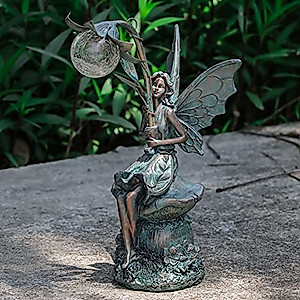 TERESA'S COLLECTIONS Garden Statues Fairy Sculptures & Statues, Solar Garden Figurines Outdoors Decor, Patina Bronze Garden Art for Yard Decor 13.8 Inch