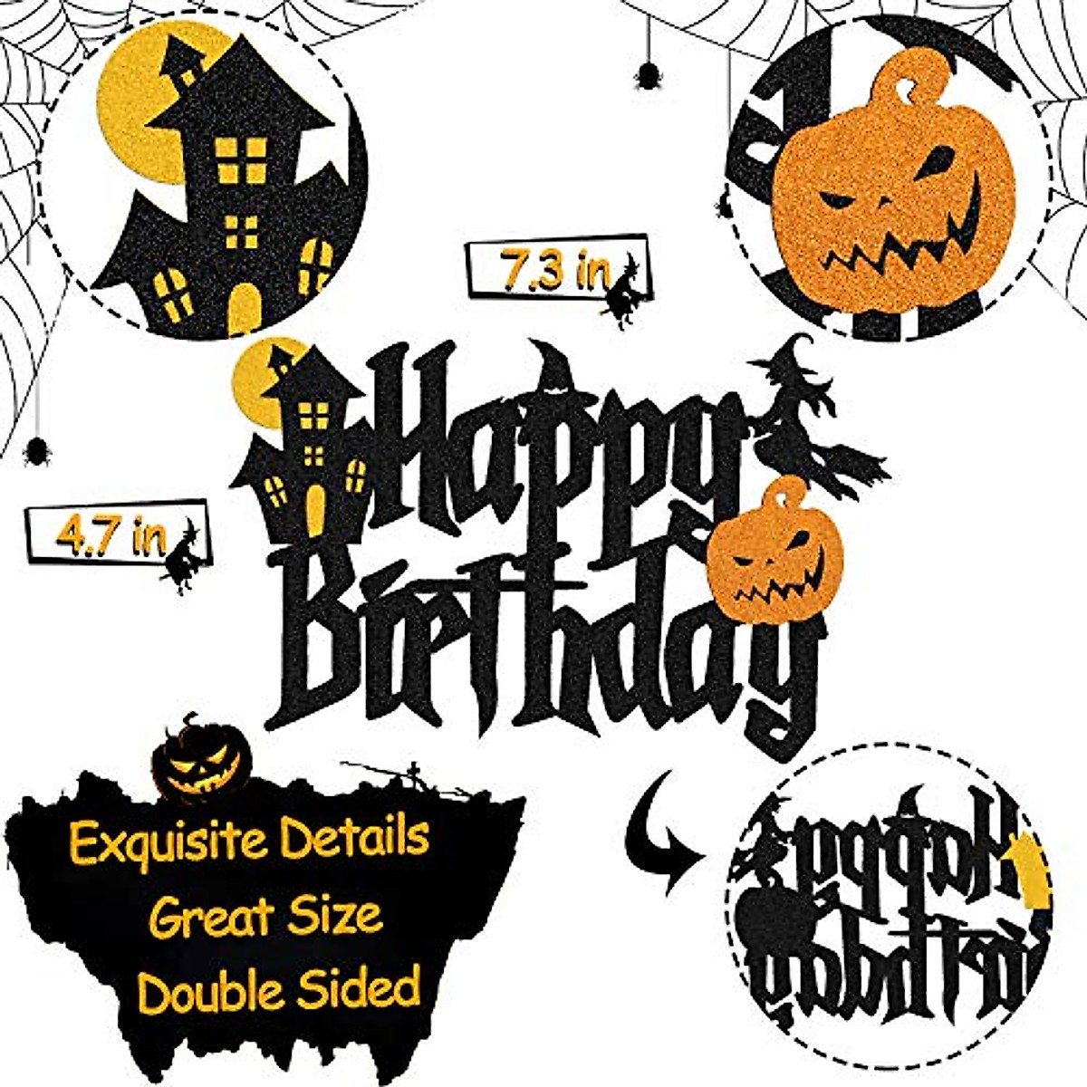 YOYMARR Halloween Cake Topper Happy Birthday Sign Cake Decorations for Halloween Wizard Ghost Pumpkin Themed Birthday Party Supplies Black Sparkle Decor