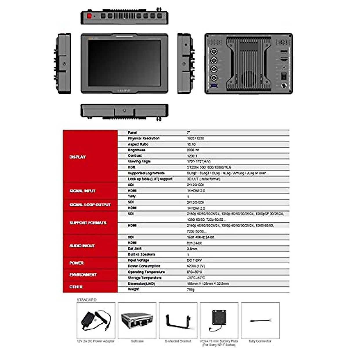 LILLIPUT 7" Q7-12G 7inch 2000nits 12G-SDI Ultra Brightness On-Camera Monitor-12G-SDI x 2 HDMI 2.0 x 1 Tally Output 12G-SDI x 2 HDMI 2.0 x 1 HDR 3D-LUT Waveform Level Meter Vector Scope