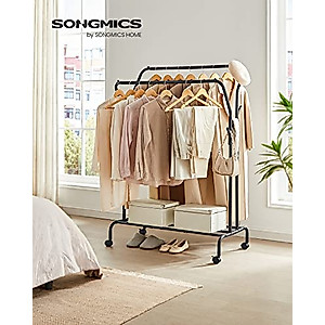 SONGMICS Clothes Rack, Double-Rod Clothing Rack with Wheels, Heavy-Duty Metal Frame, Garment Rack, 220 lb Max. Total Load, 40.7 Inches Wide, Clothes Storage and Display, Black UHSR107B01