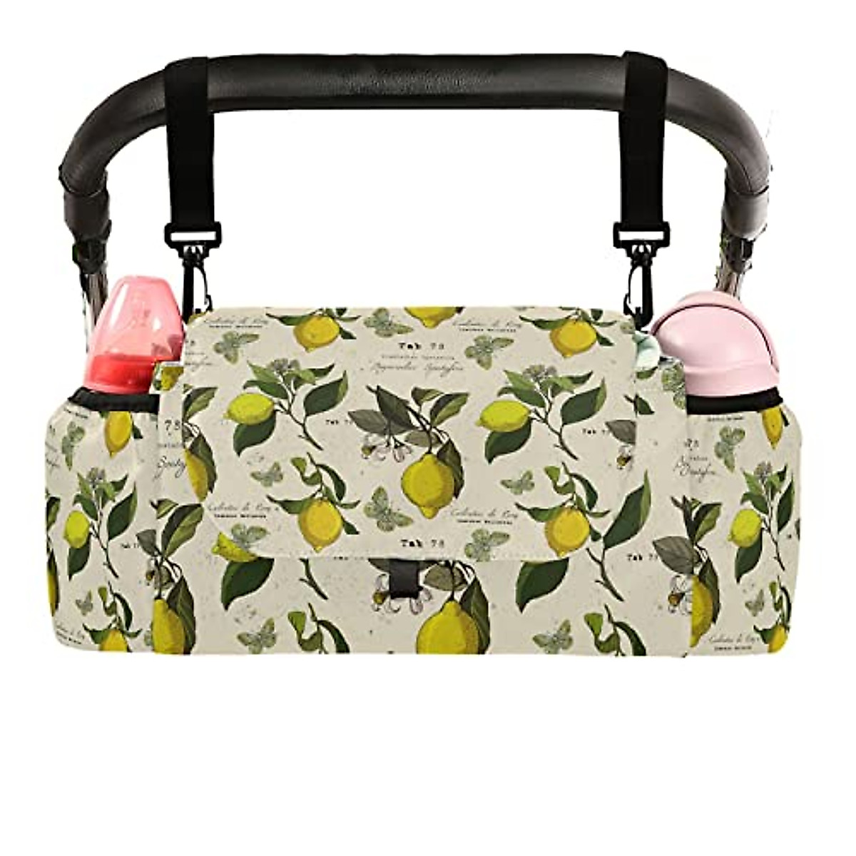 Sinestour Lemon Tree Stroller Organizer with Cup Holder Universal Stroller Organizer Bag Detachable Shoulder Strap Stroller Accessories for Diaper Toys Phone Keys Fit All Baby Stroller