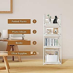 Babion Ladder Shelf, 4-Tier Ladder Bookshelf, White Bookcase with Shelves, Storage Rack Plant Stand for Home, Bedroom, Bathroom,Office, 16 x 14 x 44 Inch, Industrial Style, Wooden Frame