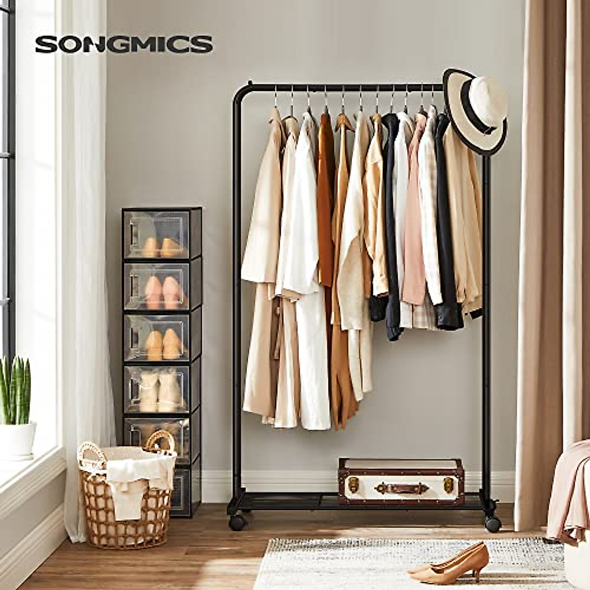 SONGMICS Clothes Rack on Wheels and Clothing Rack Bundle, Heavy Duty Garment Racks with Shelves, Steel, Closet Organization Storage, Black UHSR25BK and UHSR60B