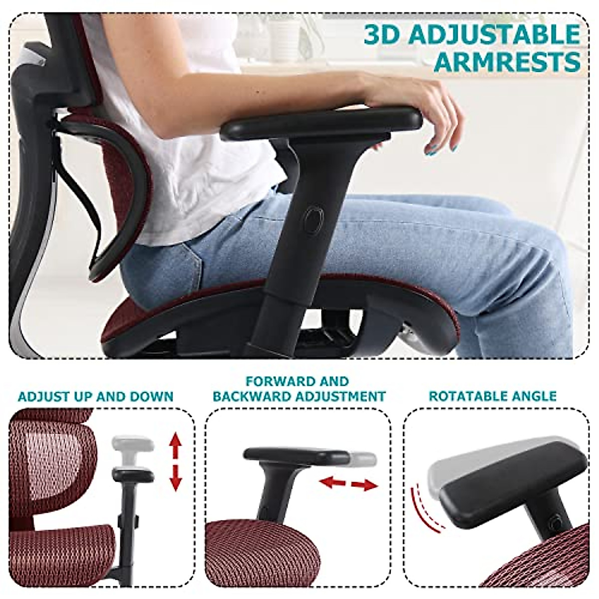 Ergonomic Office Chair, Reclining High Back Mesh Chair, Computer Desk Chair, Swivel Rolling Home Task Chair with Lumbar Support, 3D Adjustable Headrest and Armrests