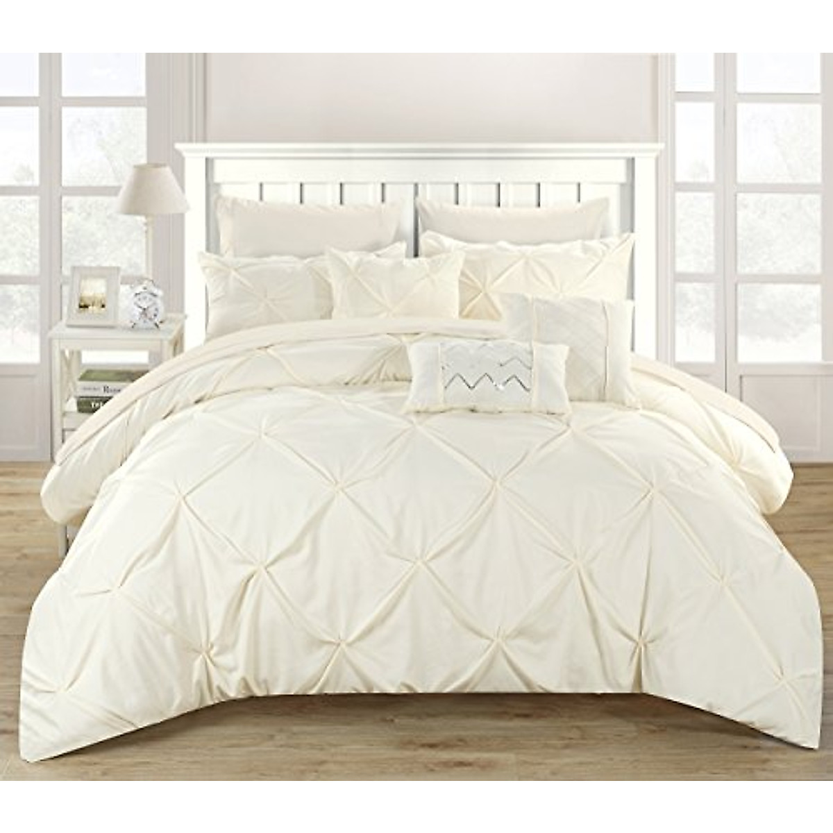 Chic Home 10 Piece Hannah Pinch Pleated, Ruffled and Pleated Complete Queen Bed in a Bag Comforter Set Beige with Sheet Set