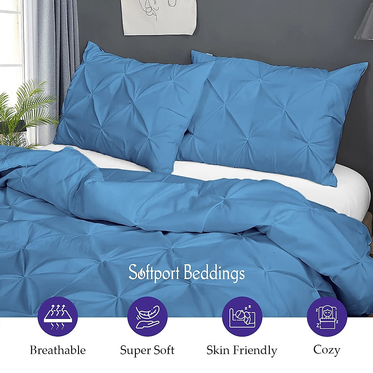 Softport Beddings Pinch Pleated Duvet Cover with 2 Pillow Sham - Pintuck Duvet Cover with Zipper Closure - Ultra Soft- Breathable Egyptian Cotton Plum (King/Cal King)