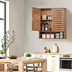 HYNAWIN Bamboo Wall Cabinet, Over Toilet Bathroom Furniture, Wall Mounted Storage Medicine Cabinet with Two Doors & Adjustable Shelves, for Bathroom, Kitchen, Living Room, Walnut