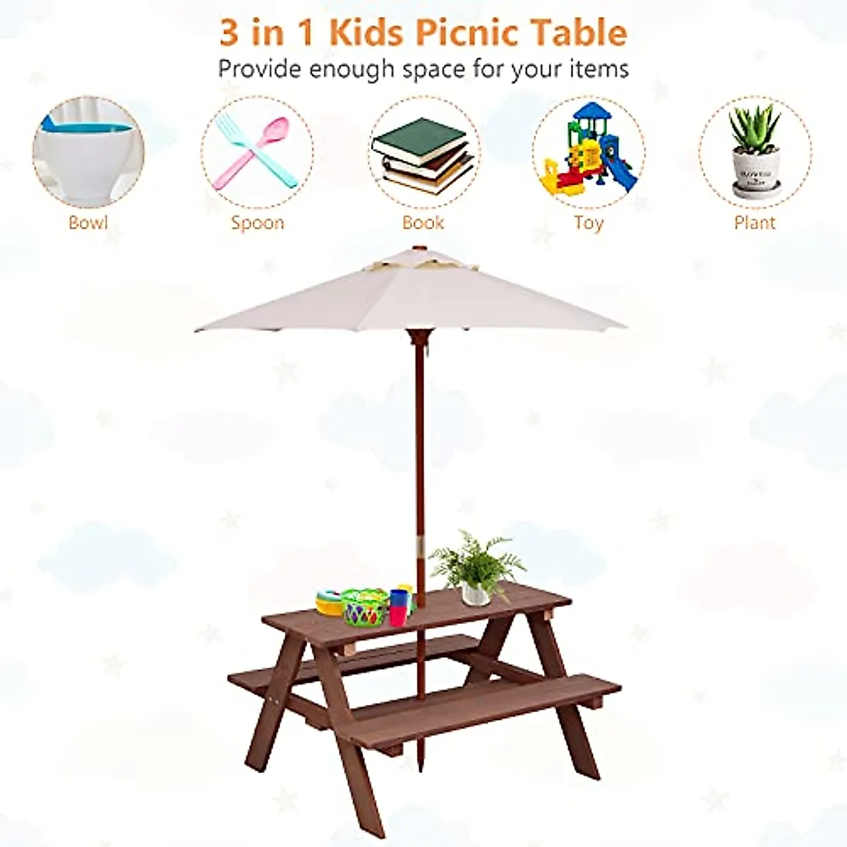KOTEK Kids Picnic Table with Umbrella Foldable, Wooden Kids Table & Benches for Crafting, Eating & Playing, Outdoor Toddler Activity Table for Backyard, Patio, Garden, Gift for Ages 3-8