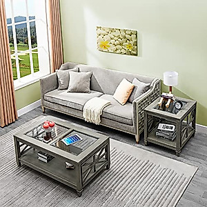 LEEMTORIG Farmhouse Coffee Tables for Living Room, Grey Coffee Tables Rustic Solid Wood Coffee Table with Storage Shelf, Glass Cocktail Table Center Table, 45.5"x26"x19", Antique Grey KFZ-1318-AN