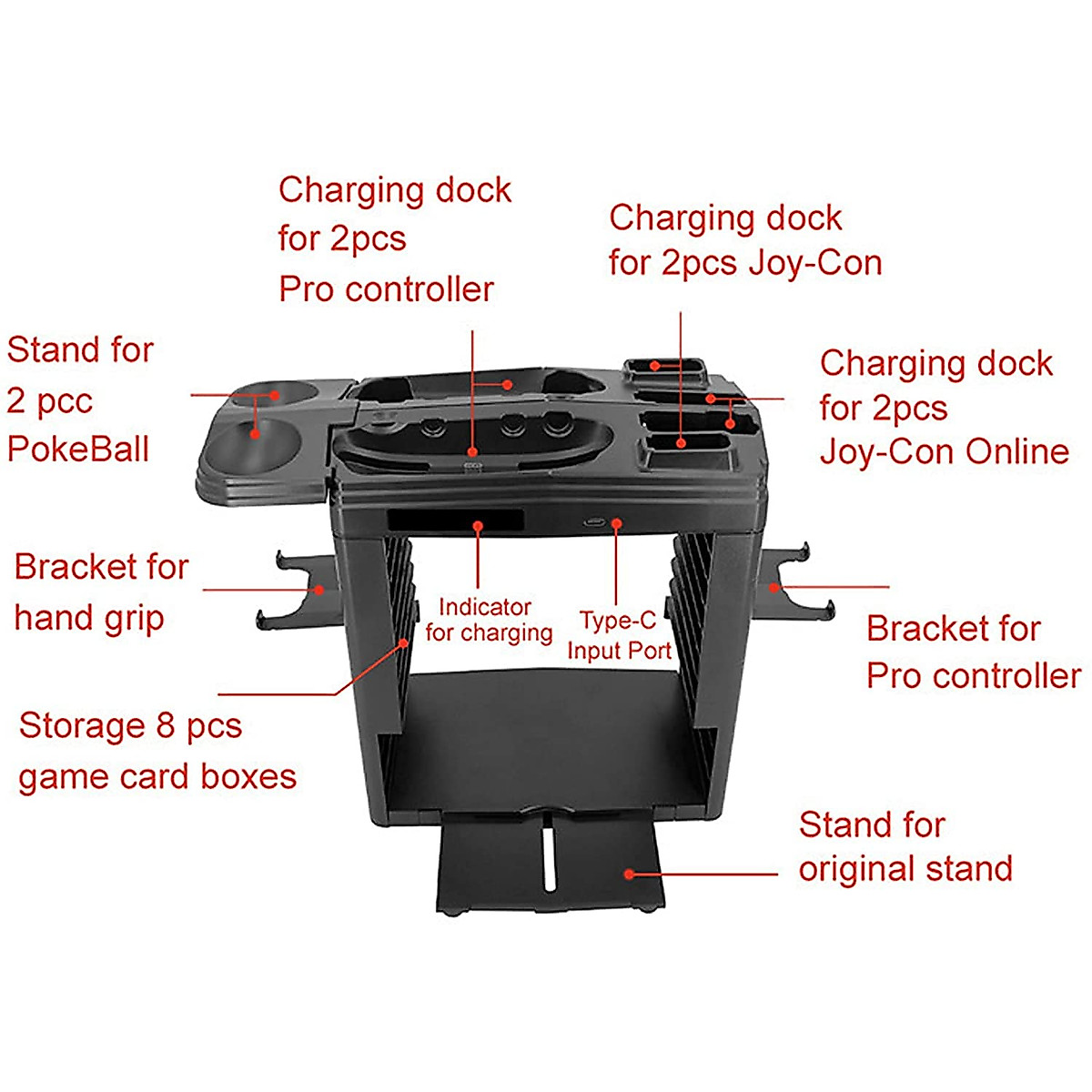 YICHUMY Mulfunction Game Disc Stand Tower Controller Charger Charging Dock for Switch 4 Joycontroller, 2 Pro Controllers and 2 Poke Ball Plus Controllers, Storage for Switch Accessories