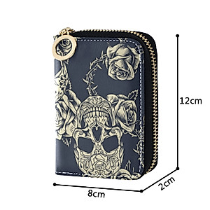Seamless Vintage Sugar Skulls with Roses Flowers on DarkGrey Credit Card Coin wallet, RFID Blocking Compact Women Leather Card Holder, Key Change Organizer, Zipper Purse Clutch Pouch