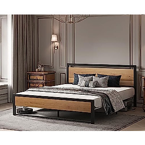BONSOIR Queen Size Bed Frame Steady Steel Platform with Wood Headboard/Footboard (Queen Size)