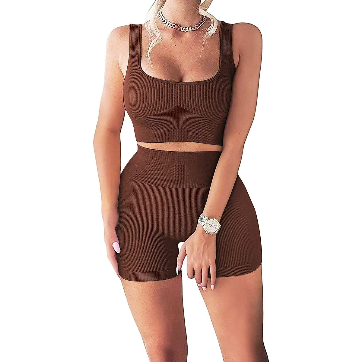 ABOCIW Womens Ribbed 2 Piece Outfits Shorts Sets Removable Padded Tank Crop Top and Seamless High Waist Running Biker Shorts Sets Activewear Brown Small
