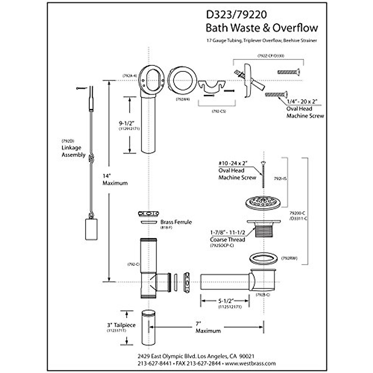 Westbrass D323-26 14-Inch 20 Gauge Brass Trip Lever Bath Waste and Overflow with Grid