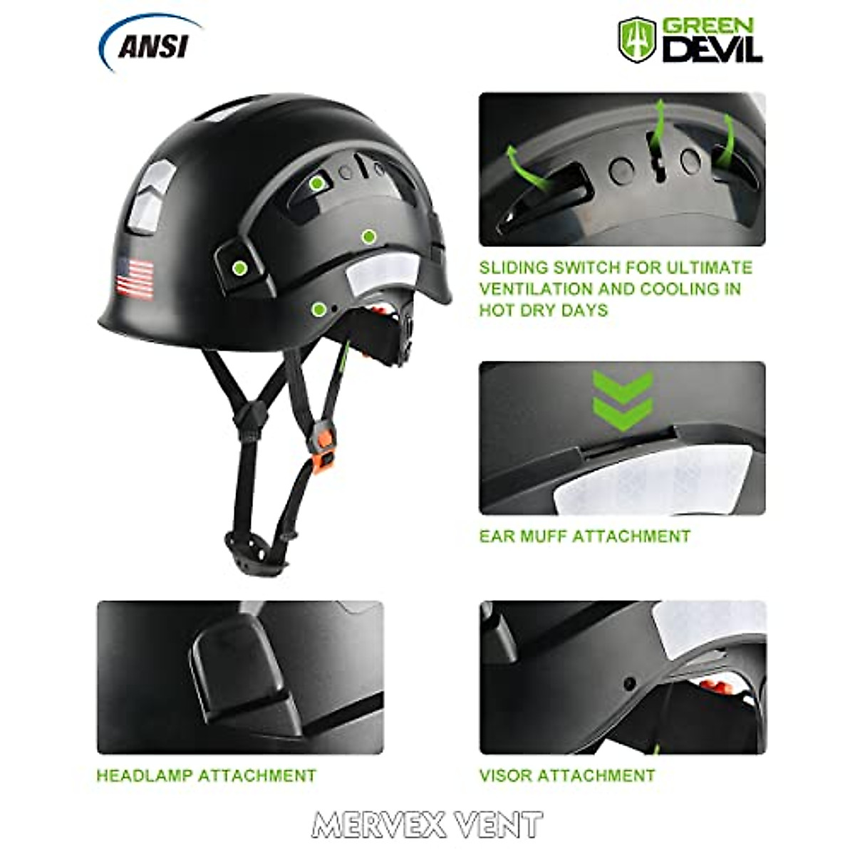 GREEN DEVIL Safety Helmet Hard Hat Adjustable Lightweight Vented ABS Work Helmet for Men and Women 6-Point Suspension ANSI Z89.1 Approved Ideal for Industrial & Construction