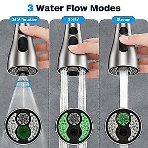 Kitchen Faucet Head Replacement 3 Modes with 12 Adapters, Pull Down Spray Head for Kitchen Faucet, Kitchen Sink Faucet Head G 1/2, Sprayer Head Replacement, Compatible with Moen，Delta, Kohler Faucets