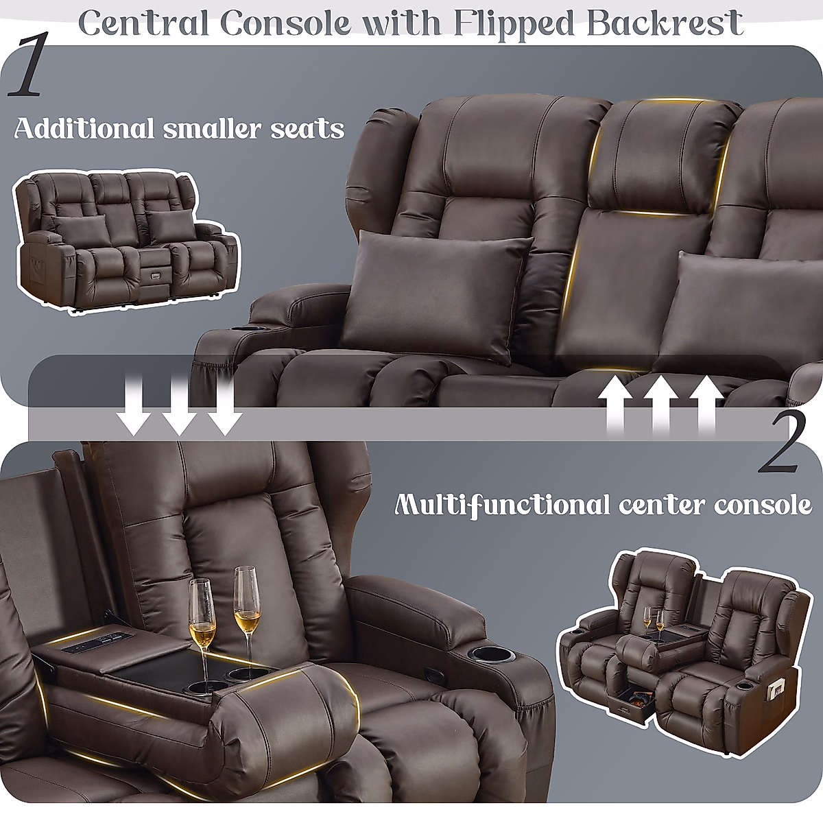 URRED Loveseat Recliner Sofa for Living Room, 67" RV Loveseat Sofa Home Theater Seating with Flipped Backrest Console, Wall Hugger, Hide Storage, Cup Holders (Faux Leather, Brown)