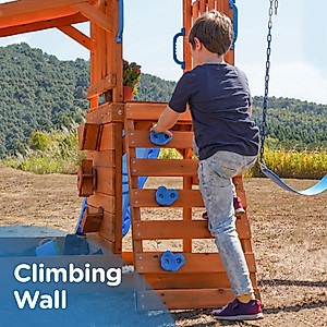 Dolphin Playground Swing Sets for Backyard with Slide, Wooden Outdoor Playset for Kids with Sandbox, Rock Climbing Wall, 2 Belt Swings, and Fort, Playground Sets for Backyards, Kids 3-6