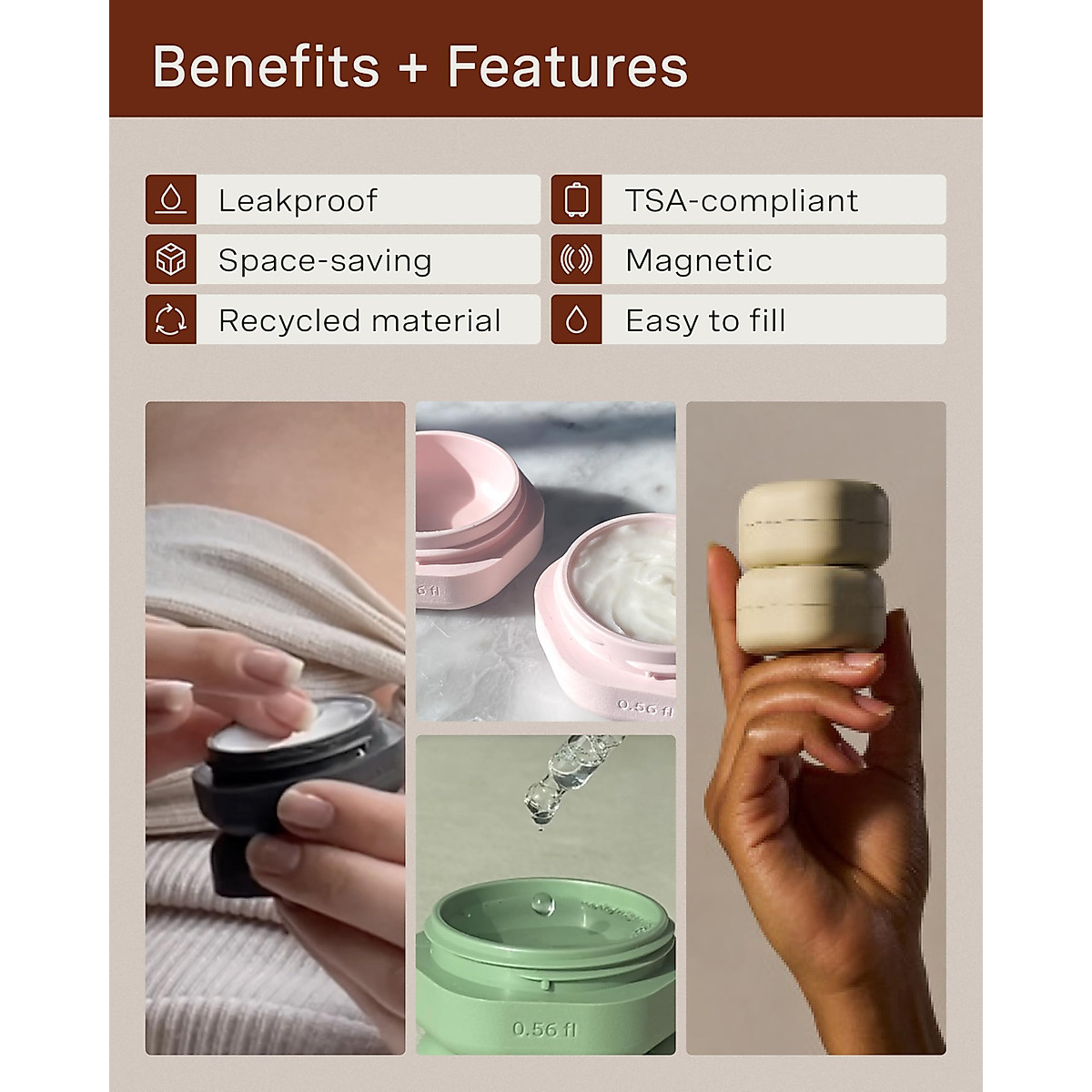 Cadence Travel Containers - Basic Skincare Set - Magnetic Travel Capsules - For Facial Cleanser, Moisturizer, Sunscreen - 3 Small Capsules (0.56oz) with Cleanser, Moisturizer & Sun-Icon Labels - Sand