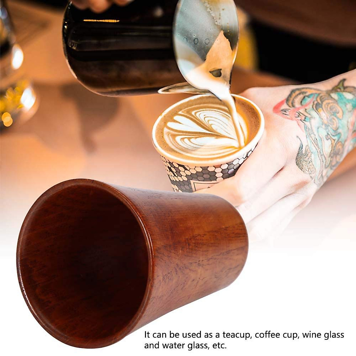 Junluck Solid Wooden Cup, Handmade Wooden Tea Cup Drinking Mug Milk Container Restaurant Kitchen Supplies for Drinking Tea Coffee Wine Beer Hot Drinks