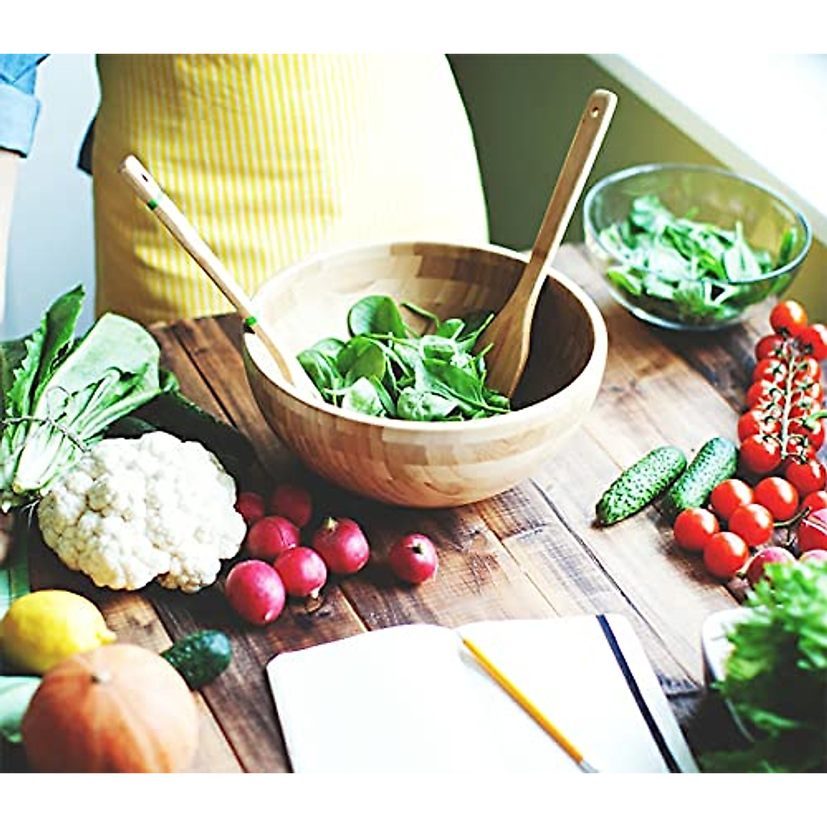 Lawei Set of 4 Bamboo Salad Bowls - 7 x 2.25 Inch Wood Serving Bowls Individual Meal Bowls Fruits, Salad, Pasta, Cereal, Rice and Snacks