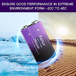 Pallus 9V Rechargeable Battery Pack, 4-Pack 760mAh Li-ion USB 9 Volt Battery for Smoke Alarms, Wireless Microphones, Smoke Detectors, Toys, Flashlights, Guitar