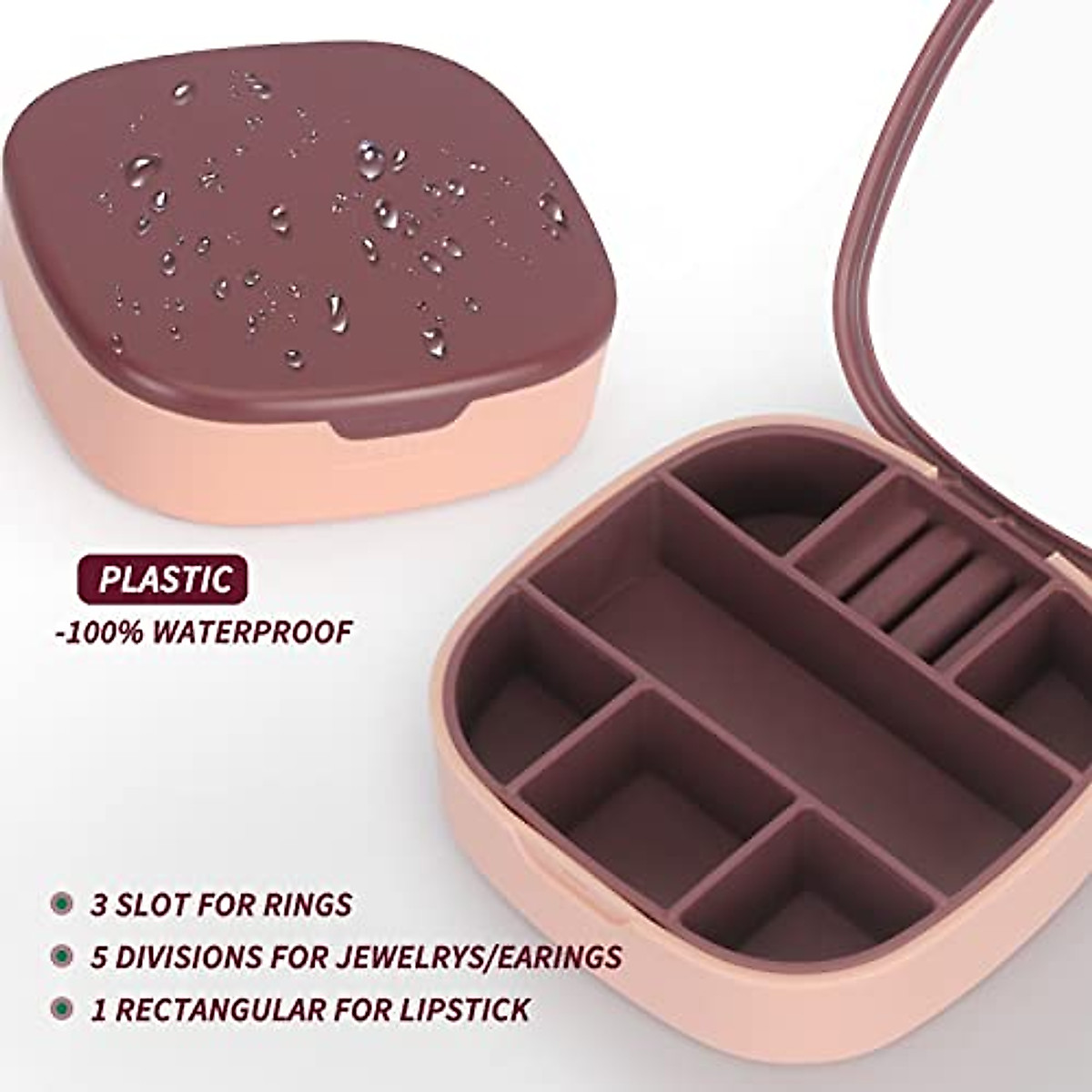 Unaikoo Travel Jewelry Organizer, Small Jewelry Box with Mirror, Plastic Lipstick Jewelry Organiser Box To Girl Women,Mini Jewerly Storage Holder for Earrings,Ring, Necklaces(Pink)