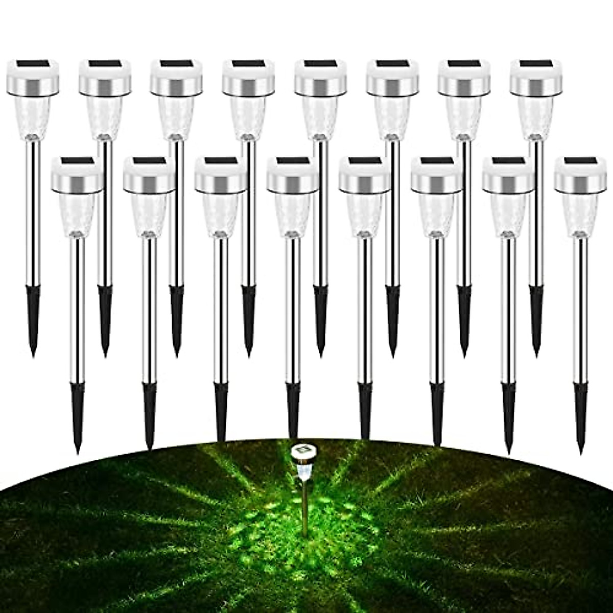 Slikeflot 16 Pack Solar Outdoor Lights, Dual Light Source LED Pathway Lights Solar Powered, Stainless Steel Waterproof Solar Garden Lights Decoration for Garden Patio and Walkway, Cool White