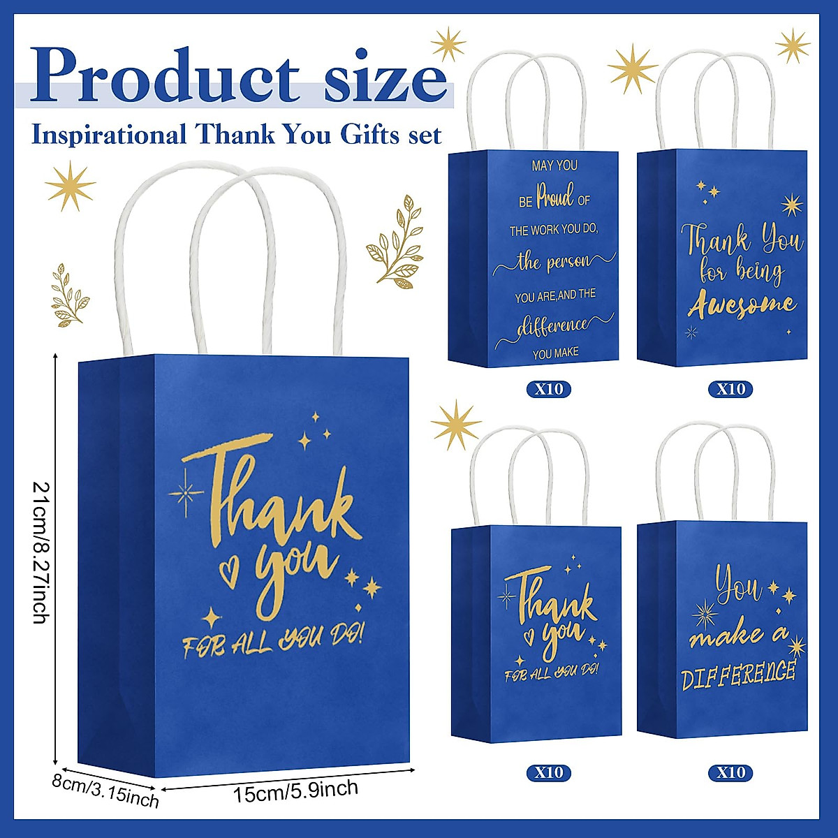 Gueevin 40 Pcs Employee Appreciation Bulk Thank You Gifts Paper Bags for Employee Pastor Coworker Christmas Thank You Birthday Party Gift Team Appreciation Inspirational Gift(Blue)