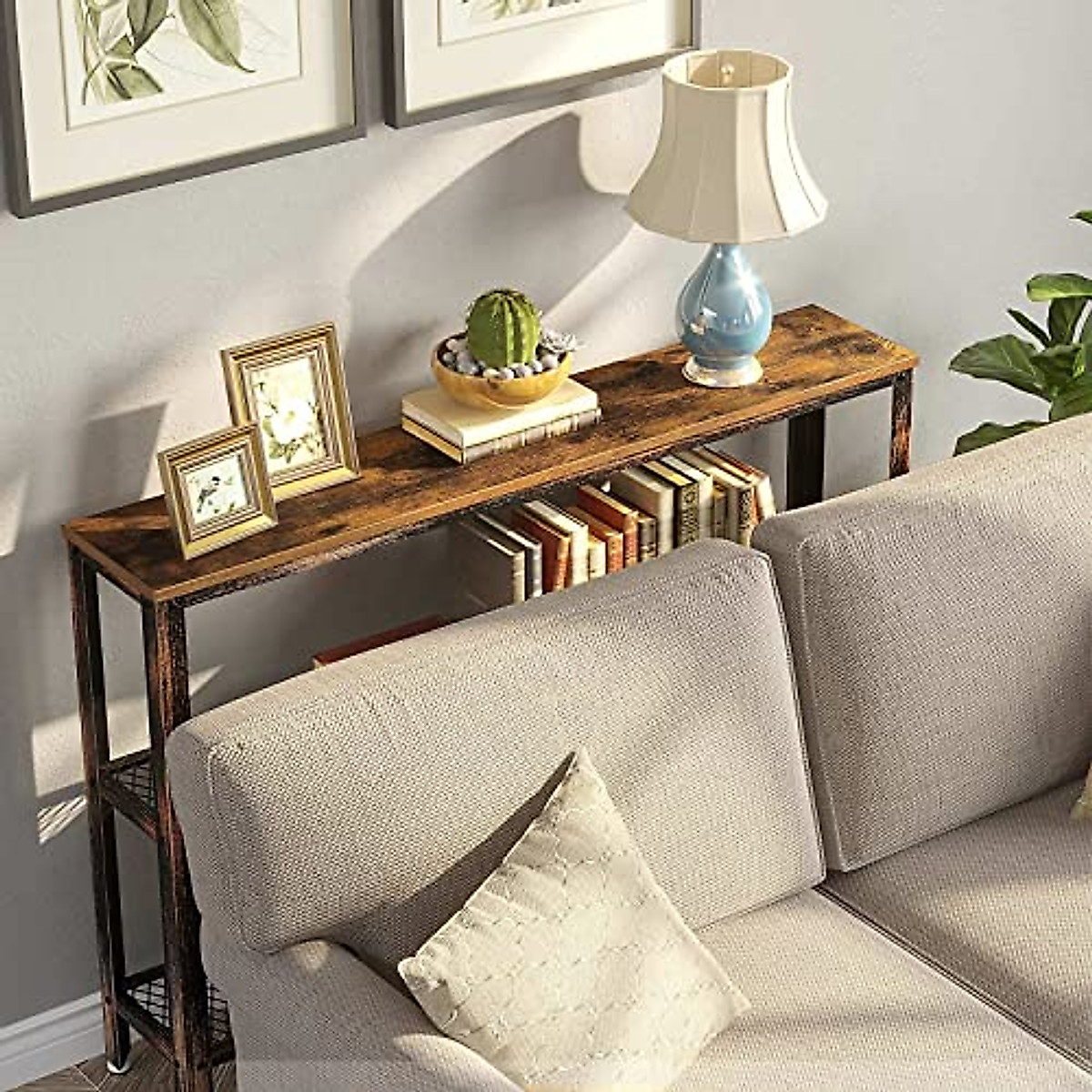 Rolanstar Console Table, Narrow Sofa Table with 2 Mesh Shelves, 47.2” Long Rustic Entryway Table with Retro Metal Frame, Entrance Table for Entryway, Hallway, Living Room, Bedroom