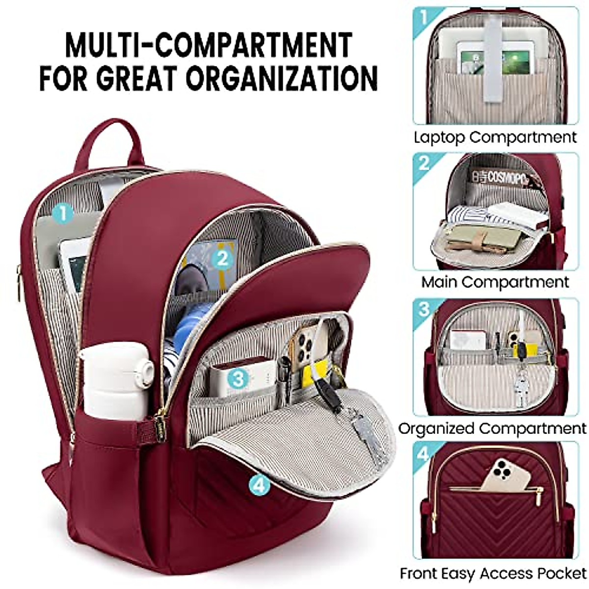 LOVEVOOK Travel Laptop Backpack Women, Anti Theft Work Laptop Bag with USB Charging Port, 15.6 Inch Computer Backpacks Purse Water Resistant College Unisex Casual Daypack, Red