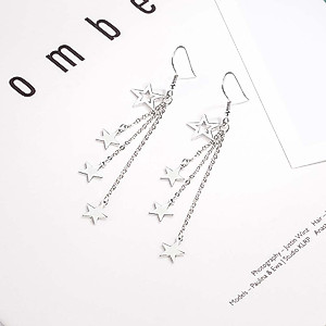 Temperament Long Star Tassel Drop Dangle Earrings for Women Five-Pointed Star Stud Earrings Shiny Starlight Hollow Star Earrings (Silver)