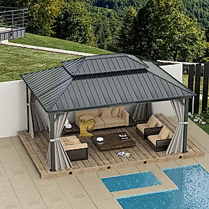 Domi 12'x16' Hardtop Gazebo Canopy,Outdoor Aluminum Gazebo with Galvanized Steel Double Roof,Permanent Gazebo with Drainage System,Curtain and Netting Included,Grey