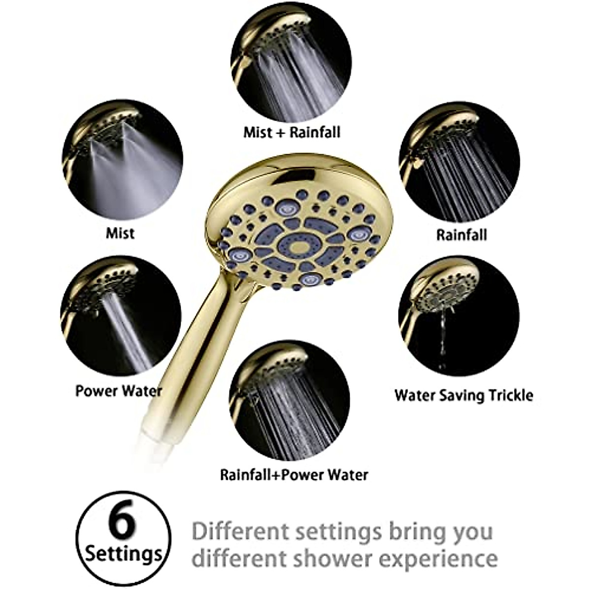 G-Promise Handheld Shower Head High Pressure 6 Spray Settings, Detachable Hand Held Showerhead 4.9" Face with Extra Long Flexible Hose and Metal Adjustable Bracket