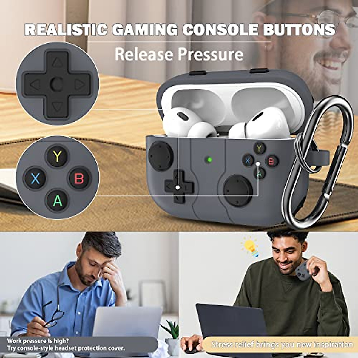 RFUNGUANGO AirPods Pro 2nd /1st Generation Case Cover with Keychain,Game Player Design for Kid Men and Women, Soft Silicone Case for AirPods Pro Gen 2/1(2022/2019) Charging Case-Grey