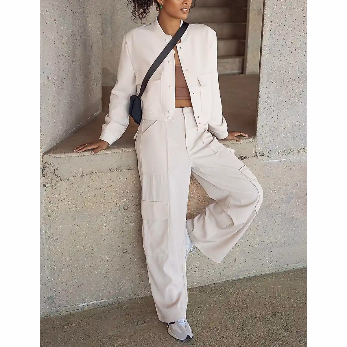 Springrain Womens Cropped Bomber Jacket Casual Varsity Jacket with Pockets Long Sleeve Outwear(Beige-S)