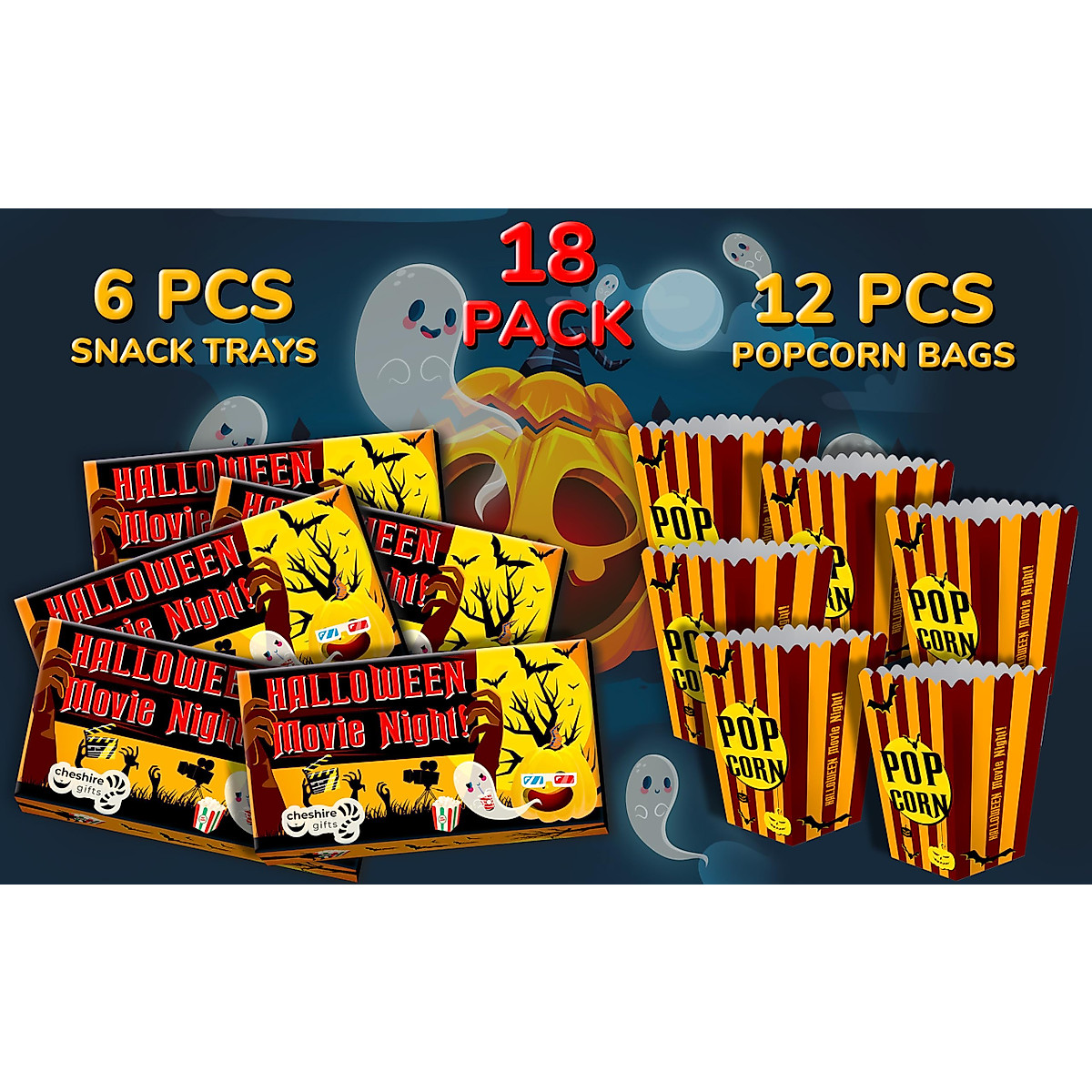 Cheshire Gifts Halloween Party Supplies For Movie Night 18pcs - Popcorn Bags 12ct & Movie Night Snack Trays 6ct - Halloween Party Decorations, Halloween Party Favors, Halloween Decor
