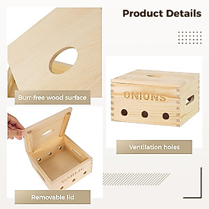 Vegetable Wooden Storage Bins, 3 PCS Potato Onion and Garlic Storage Containers Stackable Vegetable Storage Boxes with Ventilation Holes and Removable Lids for Kitchen Countertop, 6.6", 7.9", 9.1"