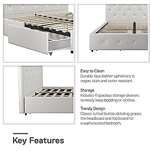 DHP Dakota Upholstered Platform Bed with Underbed Storage Drawers and Diamond Button Tufted Headboard and Footboard, No Box Spring Needed, Full, White Faux Leather