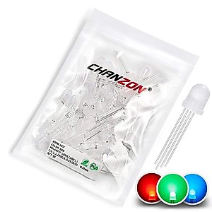 CHANZON 50 pcs 8mm RGB Multicolor Diffused LED Diode Lights Common Cathode(Frosted Round 3 Color) 4 pin Bright Lighting Bulb Lamps Electronics Components Indicator Light Emitting Diodes
