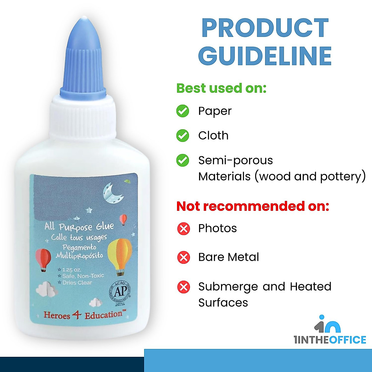 1InTheOffice Washable School Glue, Premium-Quality Glue, White, 1.25 Oz, 24 Pack