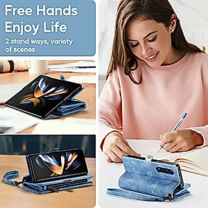 Zttopo for Samsung Galaxy Z Fold 4 Case, 2 in 1 Galaxy Z Fold 4 Wallet Case with Premium Leather Zipper Lanyard Card Holder, Durable Wristlet Flip Case Wallet Money Pocket Cover, Sky Blue