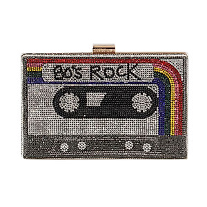 Van Caro Retro Cassette Tape Purse Rhinestone Box Evening Clutch Bag Crossbody Shoulder Handbag for Women,Deep Grey