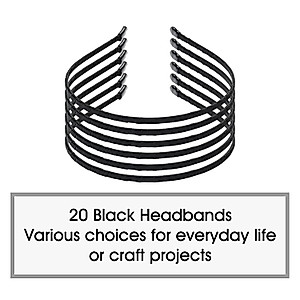 Lawie 20 Pack Black Satin Cloth Fabric Covered Thin Slim Hard Metal Headband 0.5CM Plain Wire Hair band Elastic Skinny Hair Hoop Holder Tiara Crown Base for Women Men Crafting DIY Accessories