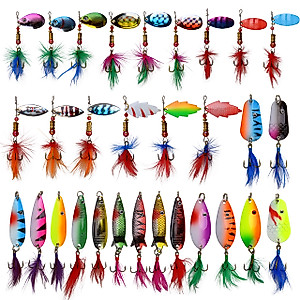 Rooster Bait Tail Spinner Fishing Lures Kit,30pcs Metal Spoon Lures with Feathered Treble Hooks for Bass Walleye Trout Freshwater Saltwater