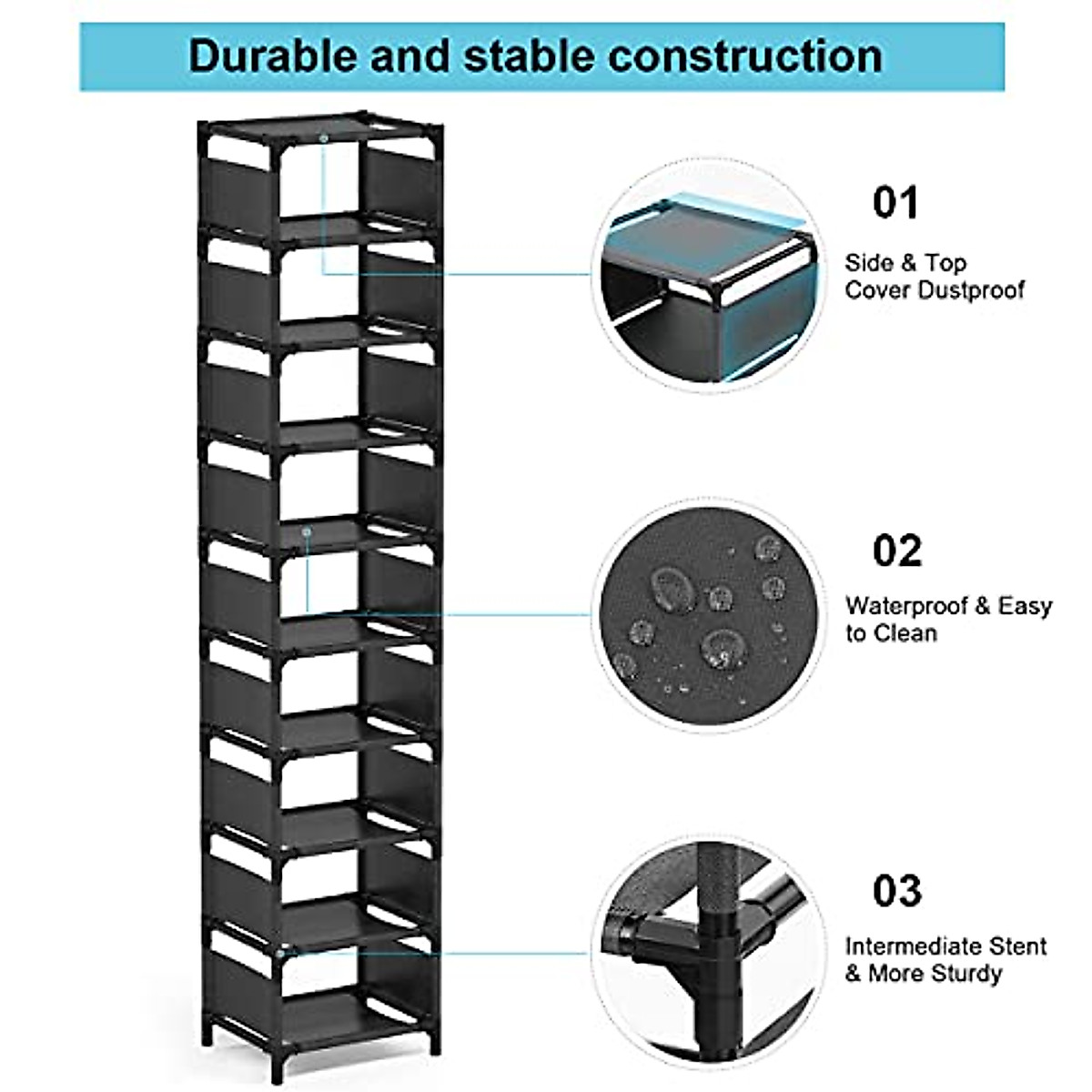 isightguard Narrow Shoe Rack, 10 Tier Vertical Shoe Rack for Closet Entryway Tall Slim Shoe Rack for Small Spaces Shinky Shoe Organizer Space Saving Corner Shoe Shelf Shoe Tower