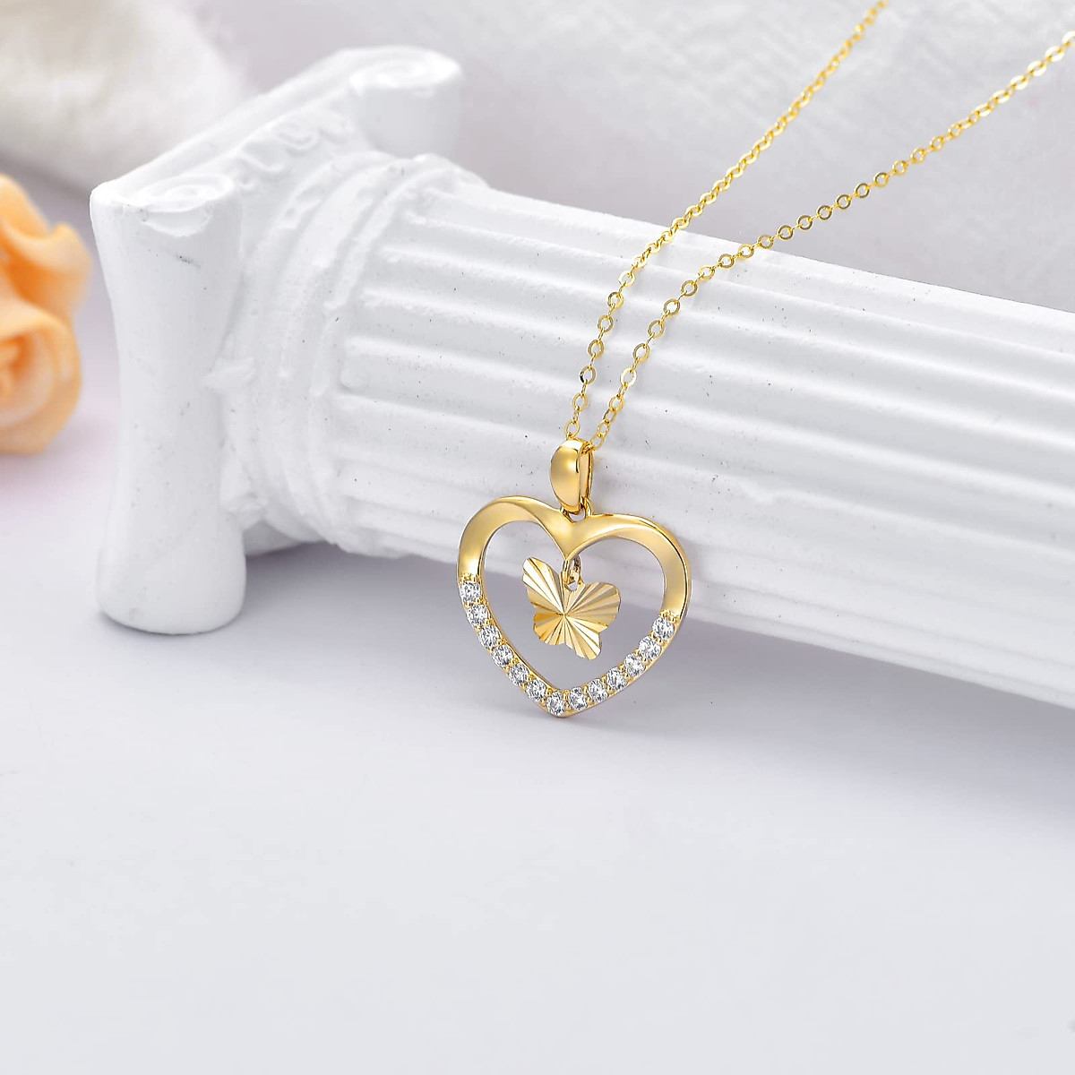 SISGEM 14K Real Gold Heart Necklace for Women,Yellow Gold Diamond-Cut Butterfly In Heart Pendant Necklaces with Moissanite,Anniversary Birthday Gifts for Lover Wife Grandma,16''-18''